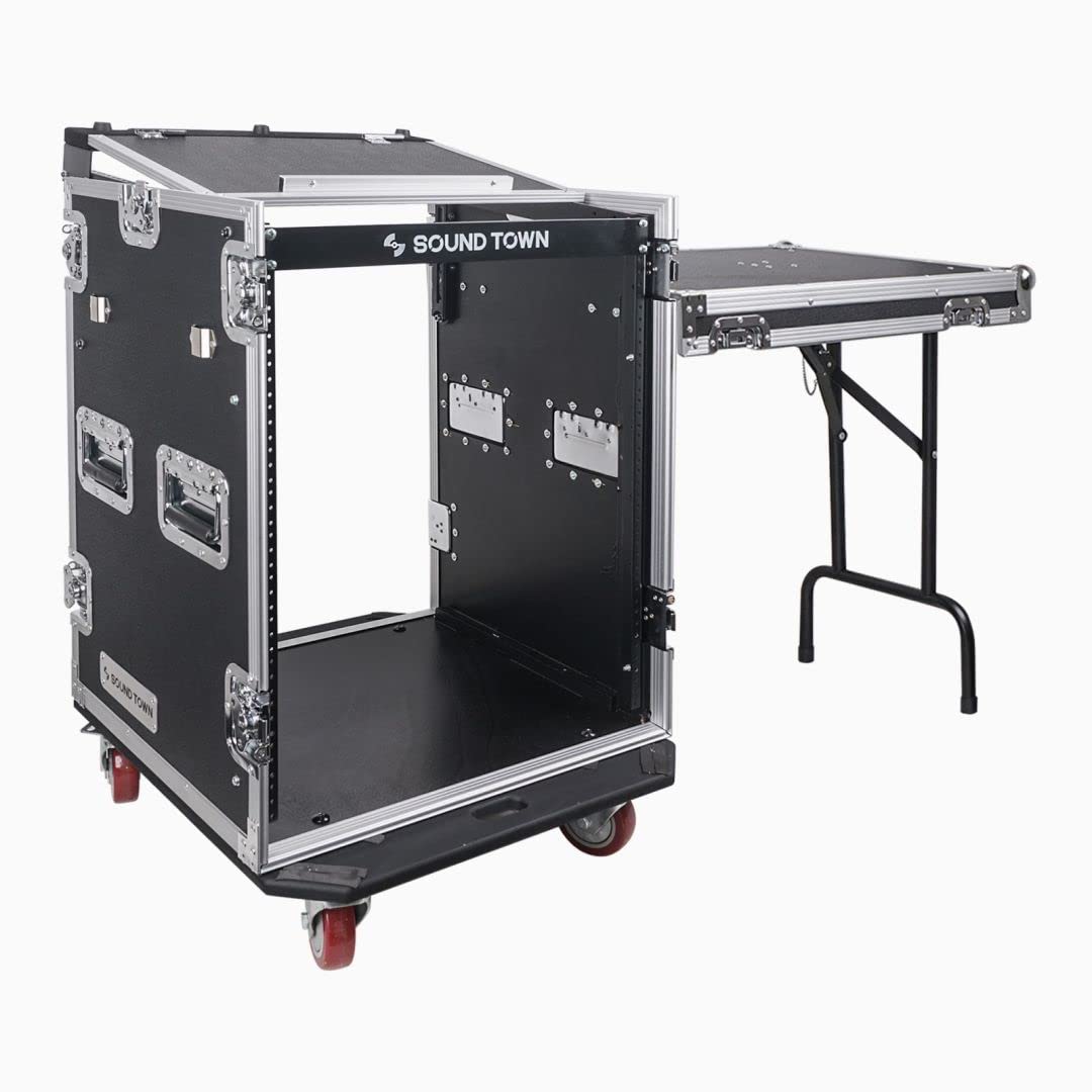 Sound Town 14U PA DJ Rack/Road ATA Case with 11U Slant Mixer Top, 20’’ Rackable Depth, DJ Work Table and Casters, 14 Space Size, Pro Tour Grade (STMR-14UWT)