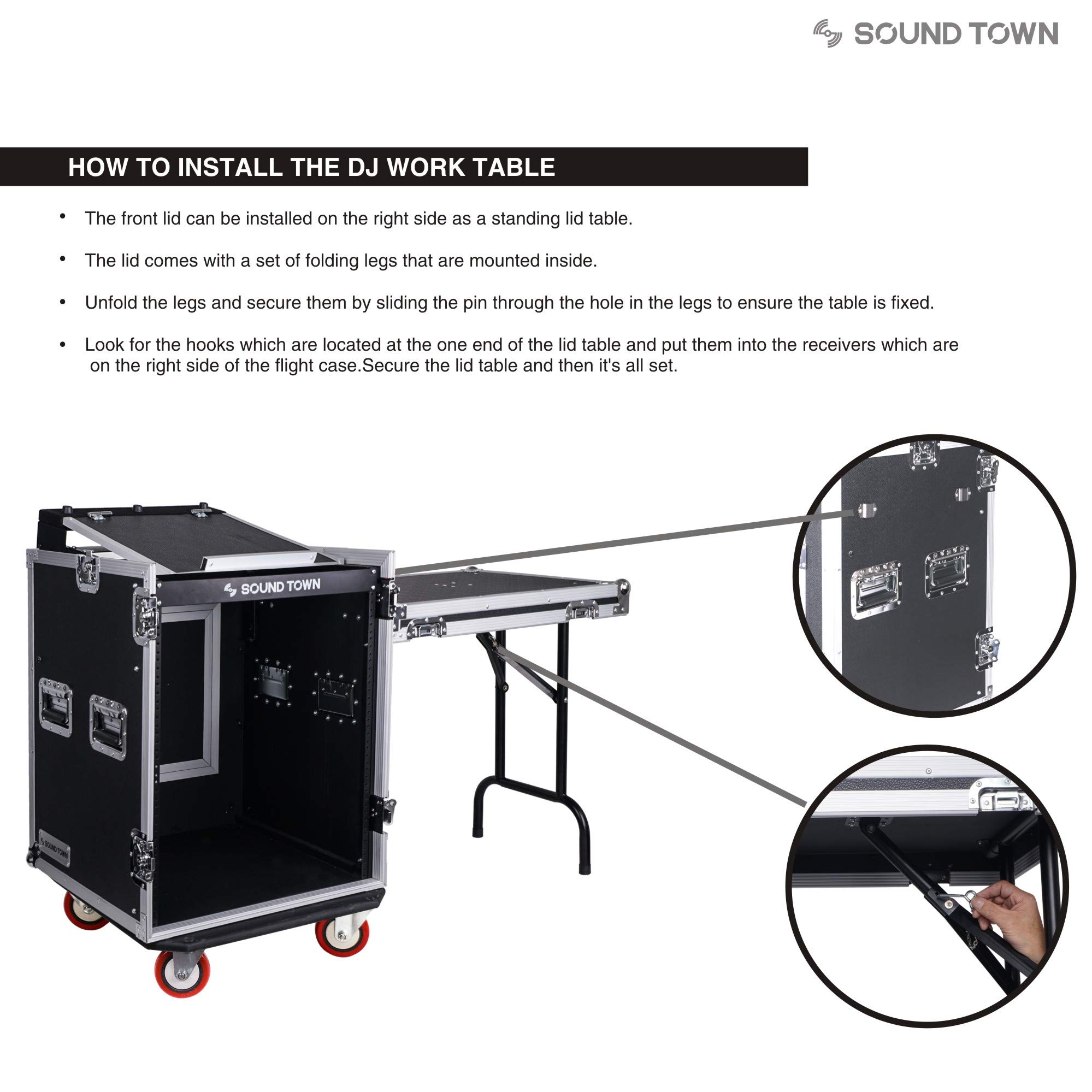 Sound Town 14U PA DJ Rack/Road ATA Case with 11U Slant Mixer Top, 20’’ Rackable Depth, DJ Work Table and Casters, 14 Space Size, Pro Tour Grade (STMR-14UWT)