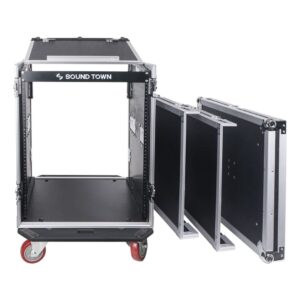 Sound Town 14U PA DJ Rack/Road ATA Case with 11U Slant Mixer Top, 20’’ Rackable Depth, DJ Work Table and Casters, 14 Space Size, Pro Tour Grade (STMR-14UWT)