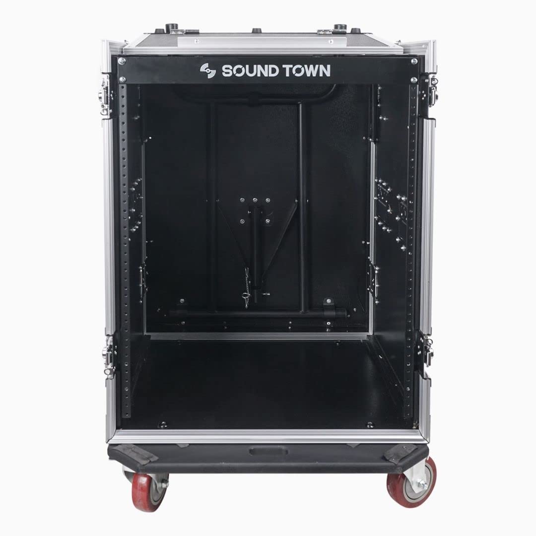 Sound Town 14U PA DJ Rack/Road ATA Case with 11U Slant Mixer Top, 20’’ Rackable Depth, DJ Work Table and Casters, 14 Space Size, Pro Tour Grade (STMR-14UWT)