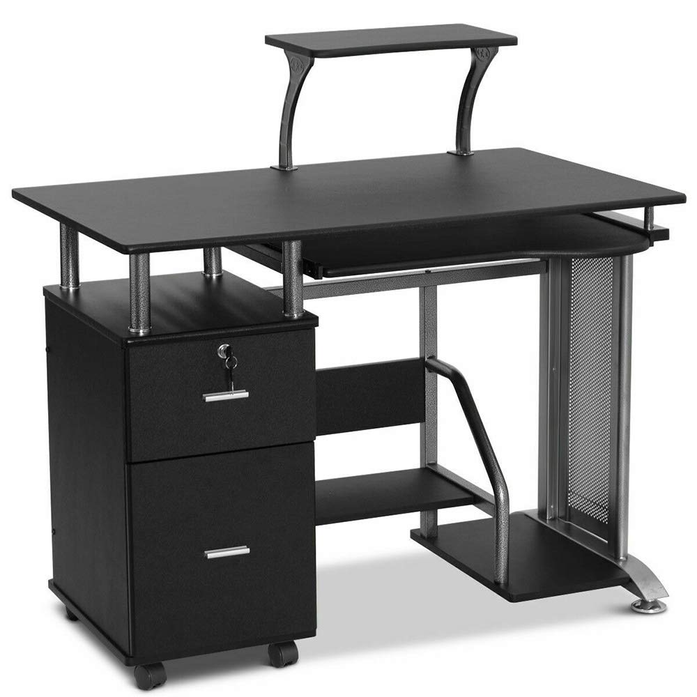 Thaweesuk Shop Black Computer Desk PC Laptop Table Workstation Home Office Furniture w/Printer Shelf MDF Steel PVC 39.5" L×23.5" W×39" H of Set