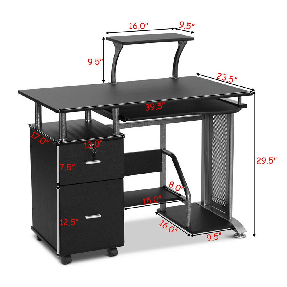 Thaweesuk Shop Black Computer Desk PC Laptop Table Workstation Home Office Furniture w/Printer Shelf MDF Steel PVC 39.5" L×23.5" W×39" H of Set