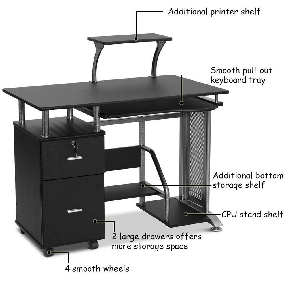 Thaweesuk Shop Black Computer Desk PC Laptop Table Workstation Home Office Furniture w/Printer Shelf MDF Steel PVC 39.5" L×23.5" W×39" H of Set