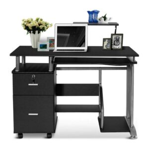 Thaweesuk Shop Black Computer Desk PC Laptop Table Workstation Home Office Furniture w/Printer Shelf MDF Steel PVC 39.5" L×23.5" W×39" H of Set