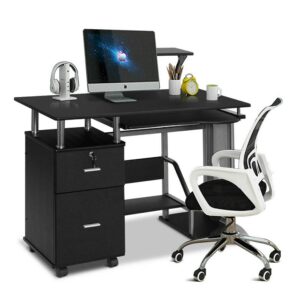 Thaweesuk Shop Black Computer Desk PC Laptop Table Workstation Home Office Furniture w/Printer Shelf MDF Steel PVC 39.5" L×23.5" W×39" H of Set