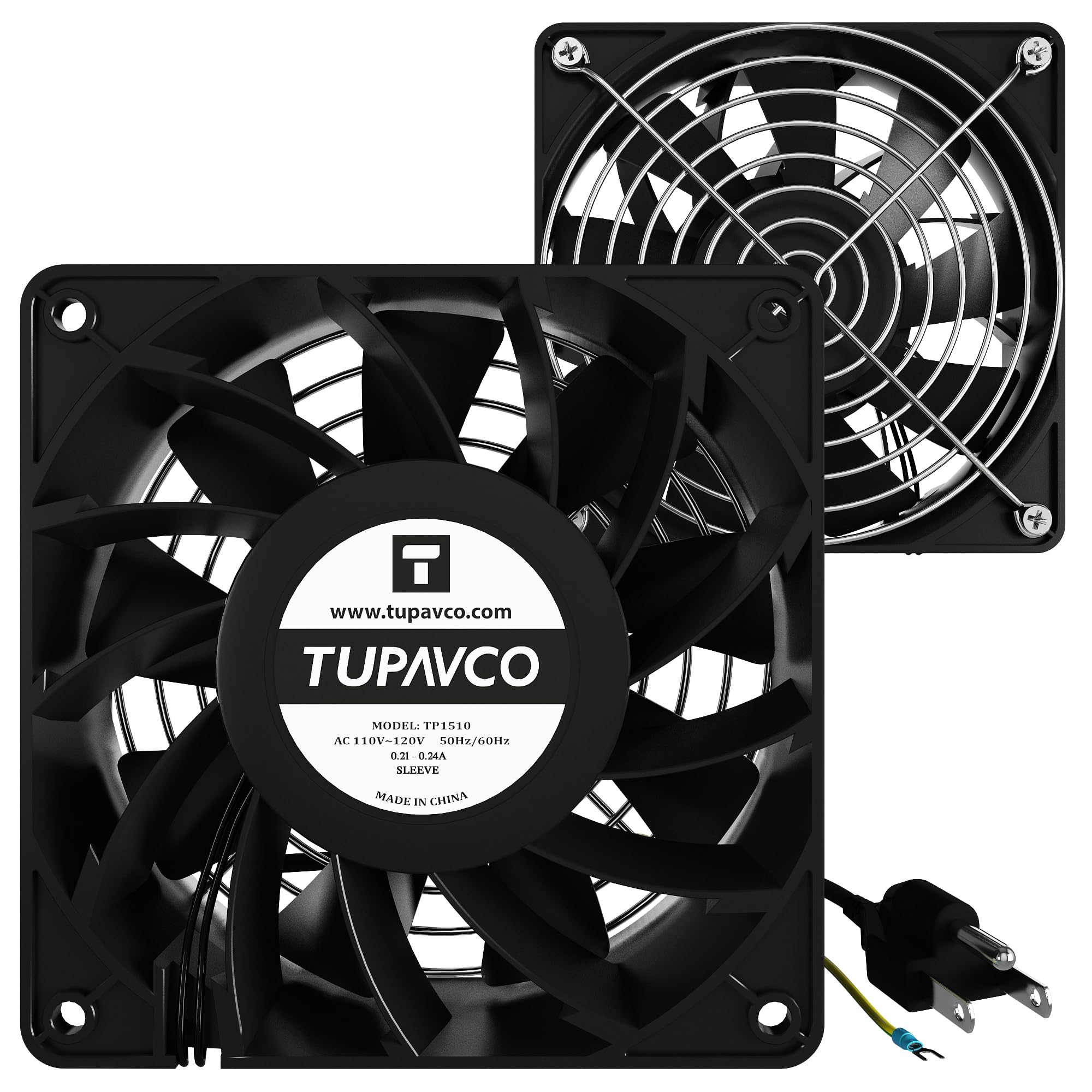 Network Cabinet Fan (Dual 2pc Kit) Server Rack Cooling (Rackmount Muffin Extra Strong Fans Pair 120mm 4in) Steel Frame Ventilation with 110V AC/Ground Cable - Tupavco TP1510