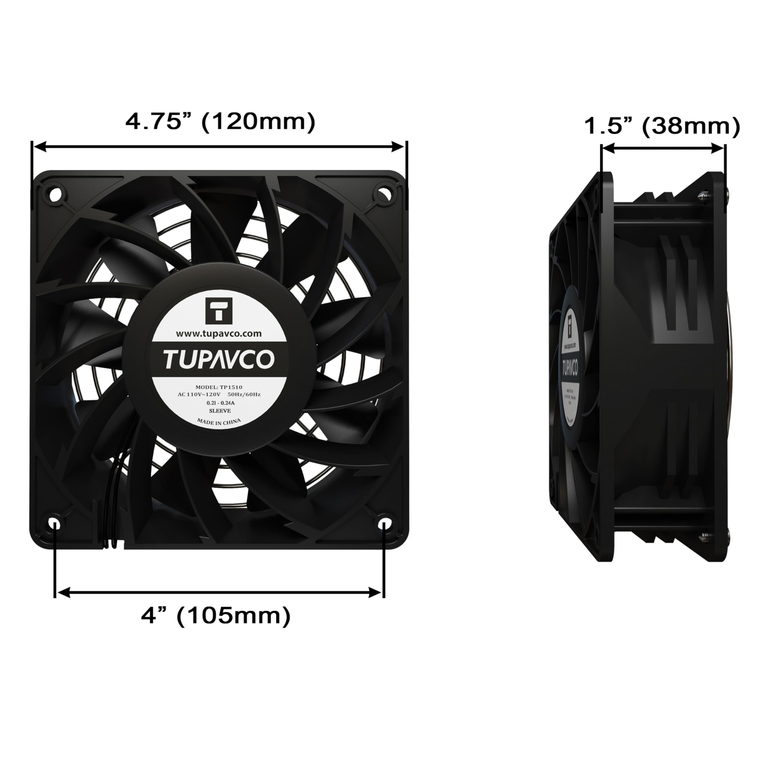 Network Cabinet Fan (Dual 2pc Kit) Server Rack Cooling (Rackmount Muffin Extra Strong Fans Pair 120mm 4in) Steel Frame Ventilation with 110V AC/Ground Cable - Tupavco TP1510