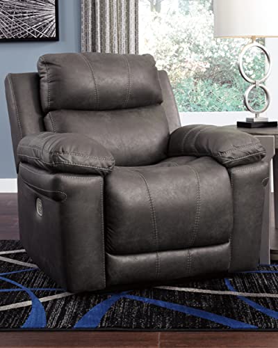 Signature Design by Ashley Erlangen Faux Leather Power Recliner with Adjustable Headrest & USB Charging Port, Gray