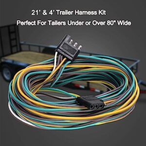 EXERAUO Trailer Wiring Harness Kit, 4 Pin Flat 4 Wire Trailer Wiring Connector, 21ft & 4ft Wishbond Trailer Light Kit 4 Wire Plug Connector Trailer Light Wiring for Utility Trailer Lights