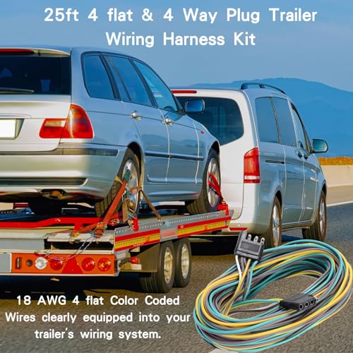 EXERAUO Trailer Wiring Harness Kit, 4 Pin Flat 4 Wire Trailer Wiring Connector, 21ft & 4ft Wishbond Trailer Light Kit 4 Wire Plug Connector Trailer Light Wiring for Utility Trailer Lights