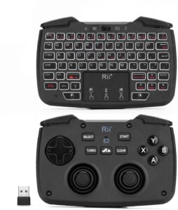 (backlit version)rii rk707 3 in 1 multifunctional 2.4ghz wireless portable game controller 62-key rechargeable keyboard mouse combo turbo vibration function for pc/raspberry pi2/android tv google/tv b