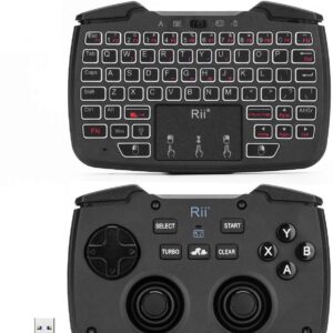 (Backlit Version)Rii RK707 3 in 1 Multifunctional 2.4GHz Wireless Portable Game Controller 62-Key Rechargeable Keyboard Mouse Combo Turbo Vibration Function for PC/Raspberry pi2/Android TV Google/TV B