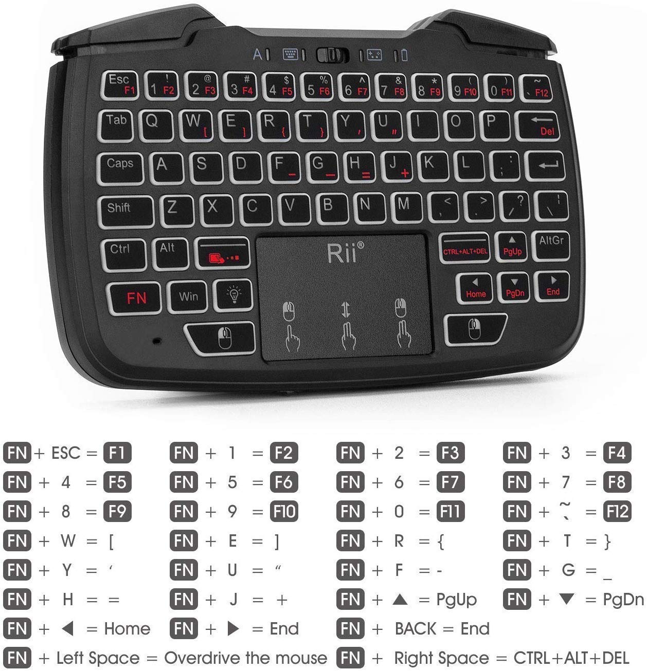 (Backlit Version)Rii RK707 3 in 1 Multifunctional 2.4GHz Wireless Portable Game Controller 62-Key Rechargeable Keyboard Mouse Combo Turbo Vibration Function for PC/Raspberry pi2/Android TV Google/TV B