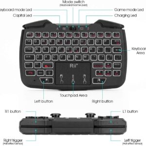 (Backlit Version)Rii RK707 3 in 1 Multifunctional 2.4GHz Wireless Portable Game Controller 62-Key Rechargeable Keyboard Mouse Combo Turbo Vibration Function for PC/Raspberry pi2/Android TV Google/TV B