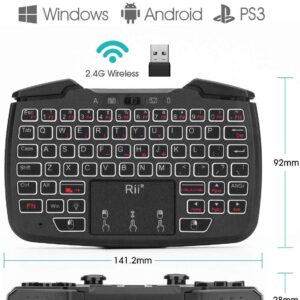 (Backlit Version)Rii RK707 3 in 1 Multifunctional 2.4GHz Wireless Portable Game Controller 62-Key Rechargeable Keyboard Mouse Combo Turbo Vibration Function for PC/Raspberry pi2/Android TV Google/TV B