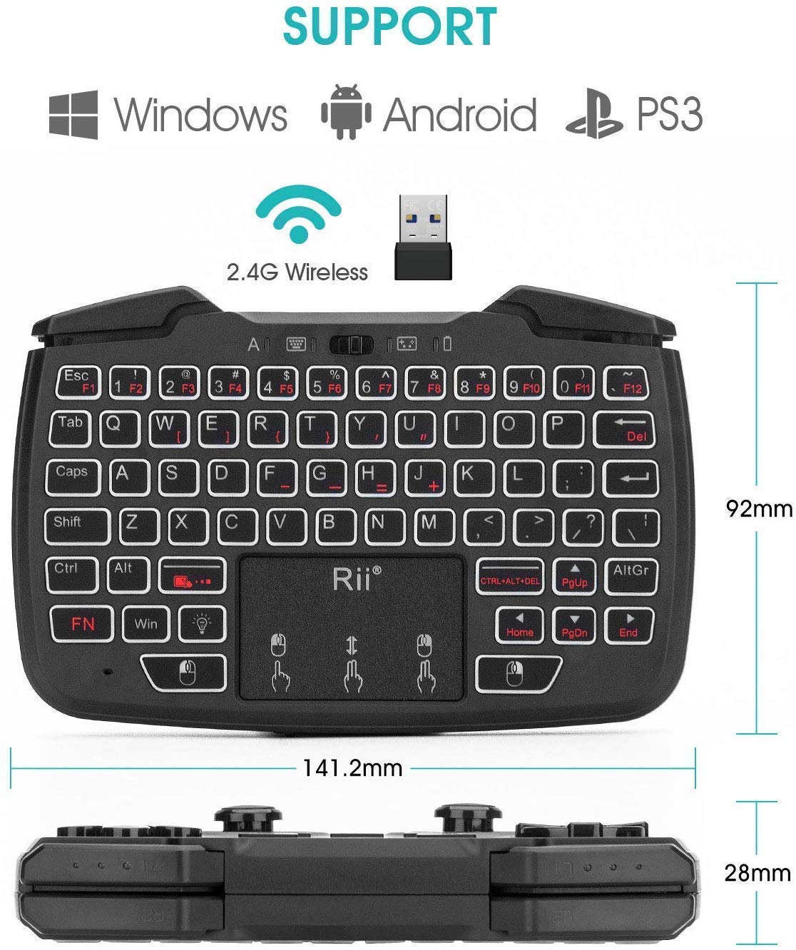 (Backlit Version)Rii RK707 3 in 1 Multifunctional 2.4GHz Wireless Portable Game Controller 62-Key Rechargeable Keyboard Mouse Combo Turbo Vibration Function for PC/Raspberry pi2/Android TV Google/TV B