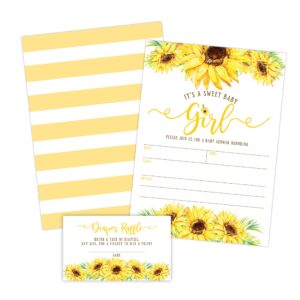 your main event prints sunflower girl baby shower invitations, yellow floral baby shower invites with 20 invitations, with diaper raffles.