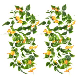 dolicer artificial morning glory flower vines 2pcs 15feet morning glory hanging green plants silk garland greenery garland morning glory for wedding garden wall fence home decor yellow-orange