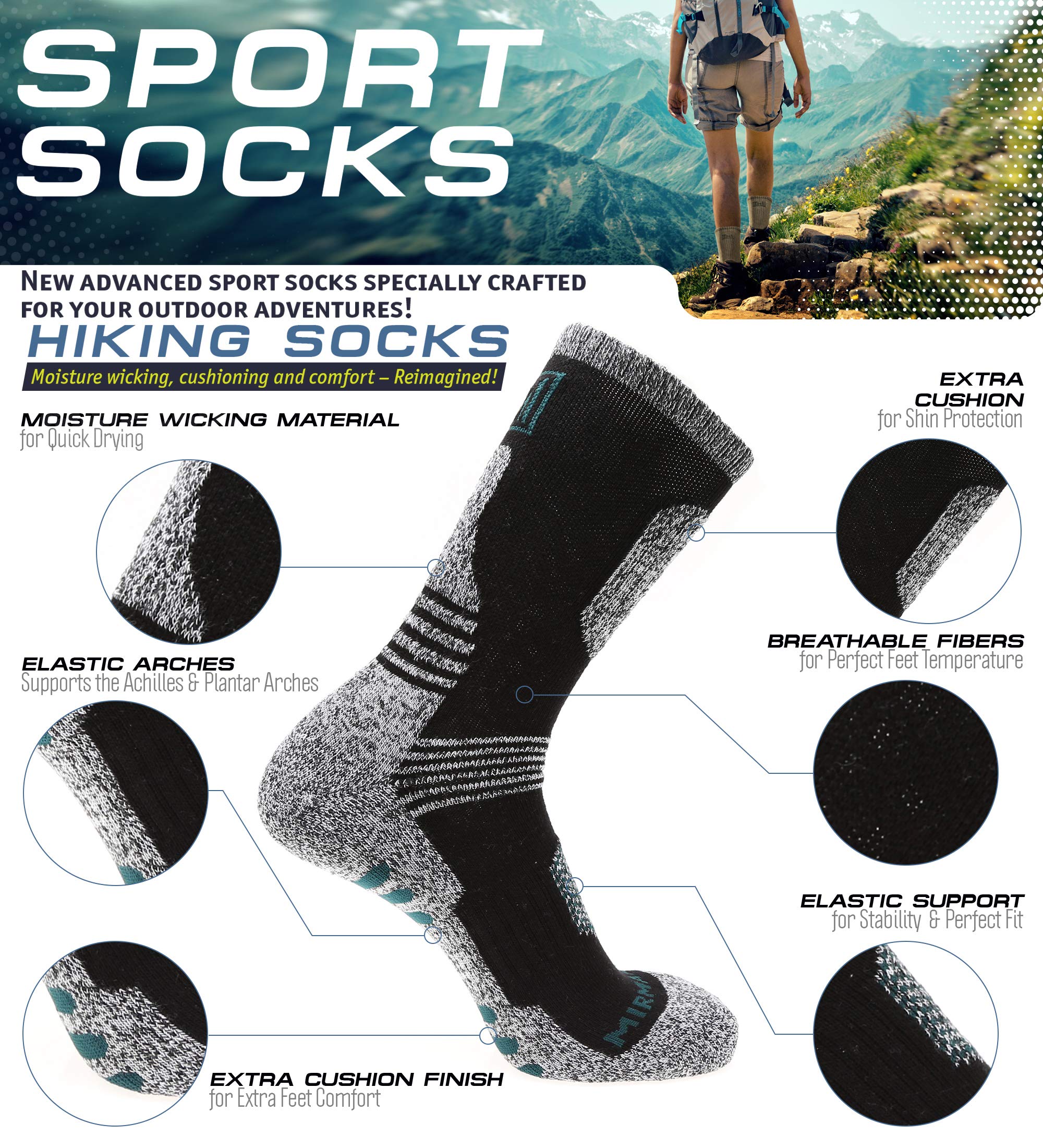 MIRMARU Men’s 5 Pairs Hiking Socks- Multi Performance Moisture Wicking Outdoor Sports Hiking Crew Socks (M251-LARGE)