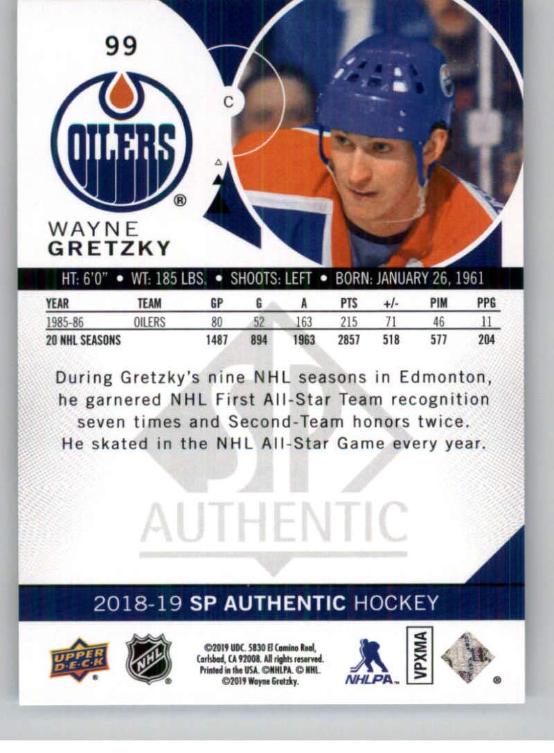 2018-19 Upper Deck NHL SP Authentic #99 Wayne Gretzky Edmonton Oilers Official UD Hockey Trading Card