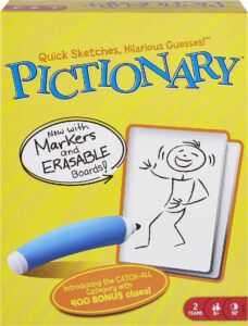 mattel games pictionary board game, drawing game for kids, adults and game night, unique catch-all category for 2 teams (amazon exclusive)