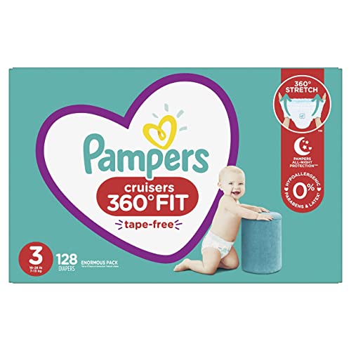 Diapers Size 3, 128 Count - Pampers Cruisers 360° Fit Disposable Baby Diapers, Enormous Pack (Packaging May Vary)