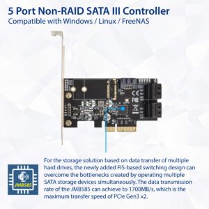 Internal 5 Port Non-Raid SATA III 6GB/S Pci-E X4 Controller Card for Desktop PC Support SSD and HDD with Low Profile Bracket. JMB585 Chipset