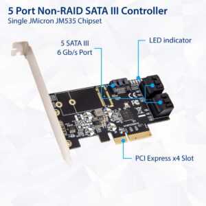 Internal 5 Port Non-Raid SATA III 6GB/S Pci-E X4 Controller Card for Desktop PC Support SSD and HDD with Low Profile Bracket. JMB585 Chipset