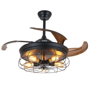 oukaning ceiling fan with light industrial ceiling fan retractable blades vintage cage chandelier fan with remote control-5 edison bulbs needed not included (36 inch)