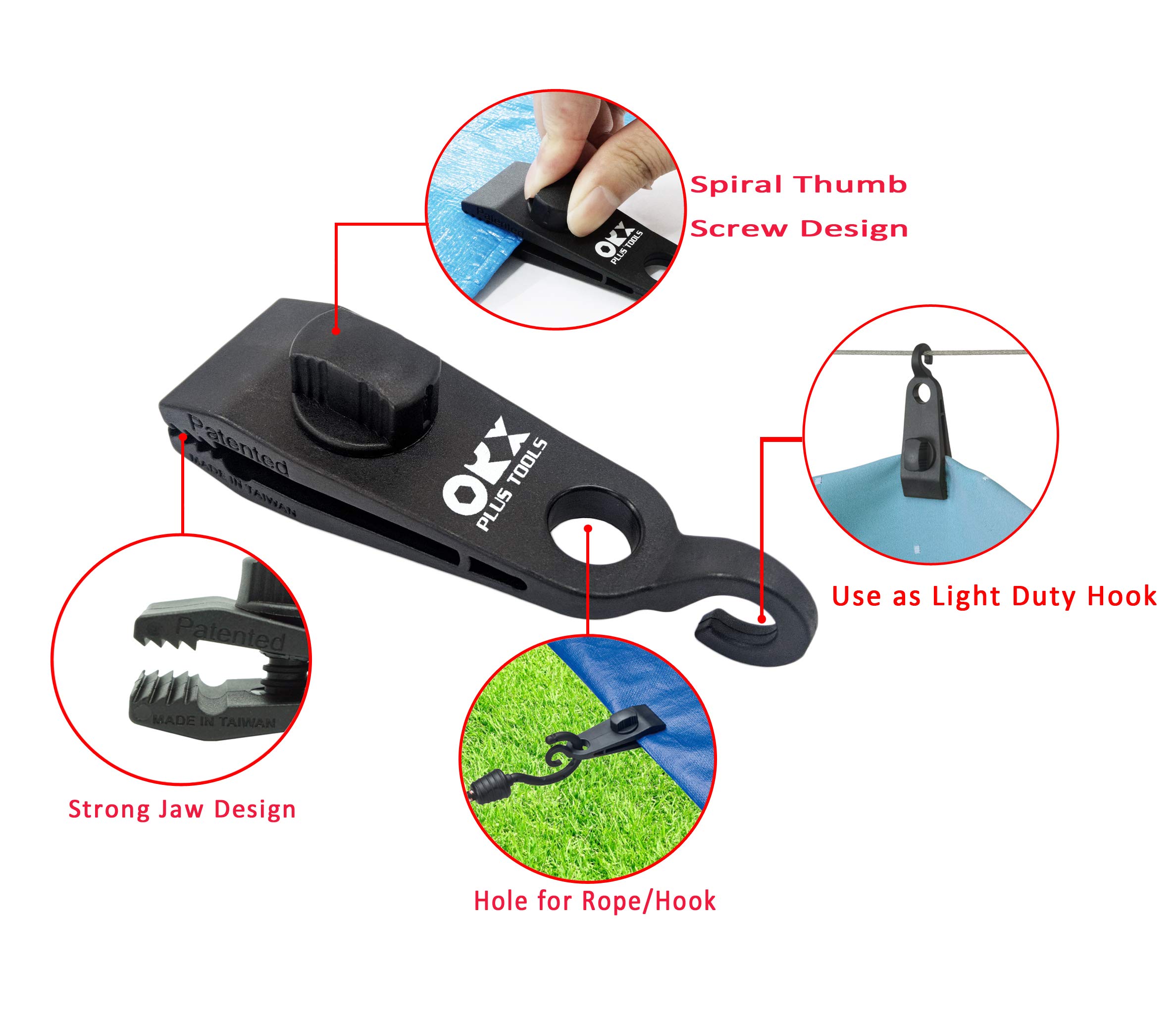 ORXPLUS TOOLS 4pcs Thumb Screw Tarp Clips with Hook Tent Clips Awning Clamp Set Tent Clamps for Camping Canopies, Car Cover, Winter Boat Cover, Pool Cover, Sun Shade