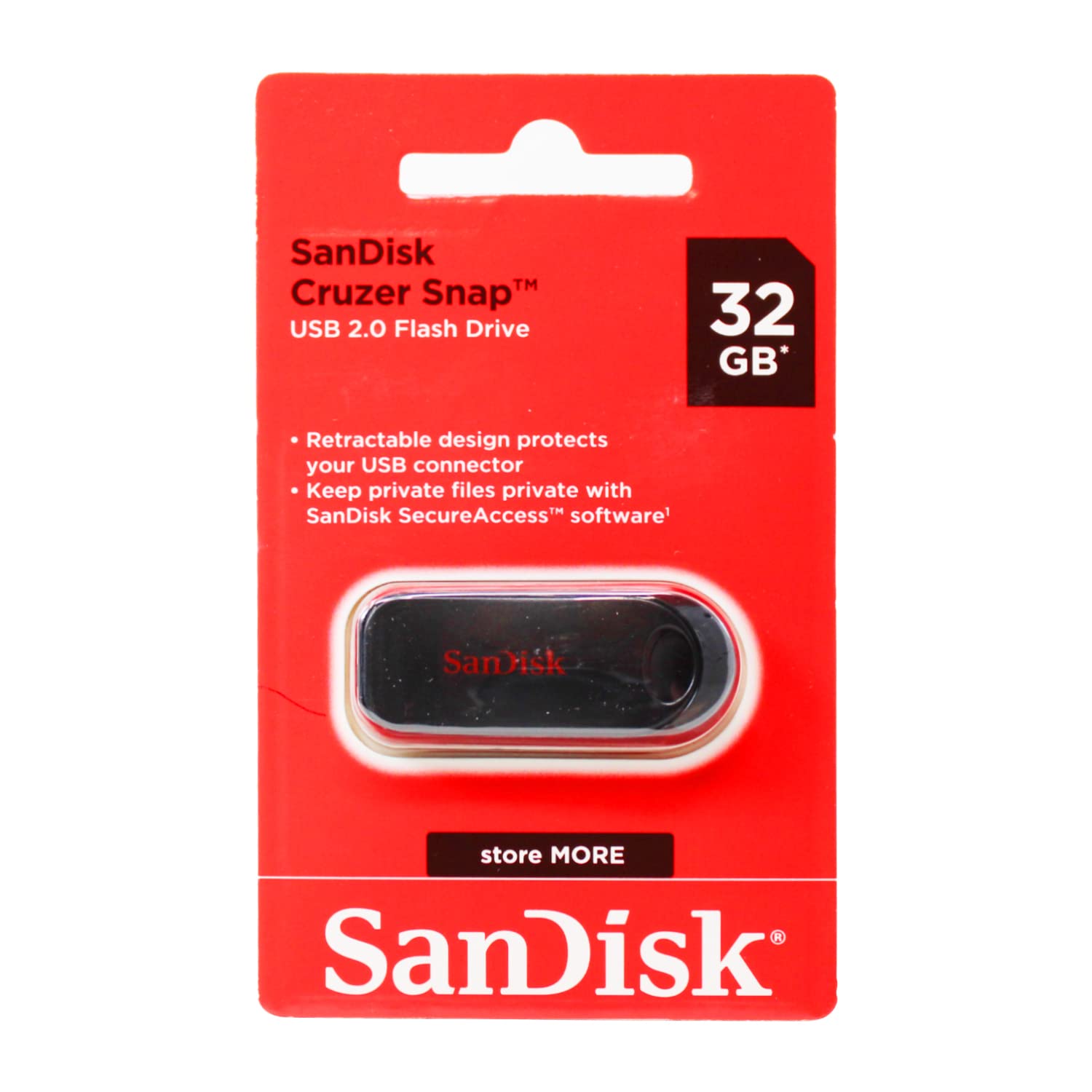 SanDisk USB Memory 32GB Black USB 2.0 Slide Retractable SanDisk Cruzer Snap SDCZ62-032G-G35