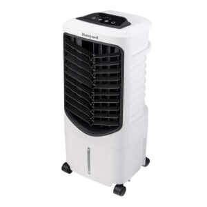 honeywell 200 cfm indoor portable evaporative air cooler with fan and humidifier for living room, basement, office, and play area, 115v, evaporative cooler for rooms up to 108 sq. ft. with remote