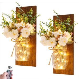 rustic wall sconces mason jar sconces handmade wall art hanging design with remote control led fairy lights and white peony,christmas decor gift farmhouse wall home decor living room lights set of two