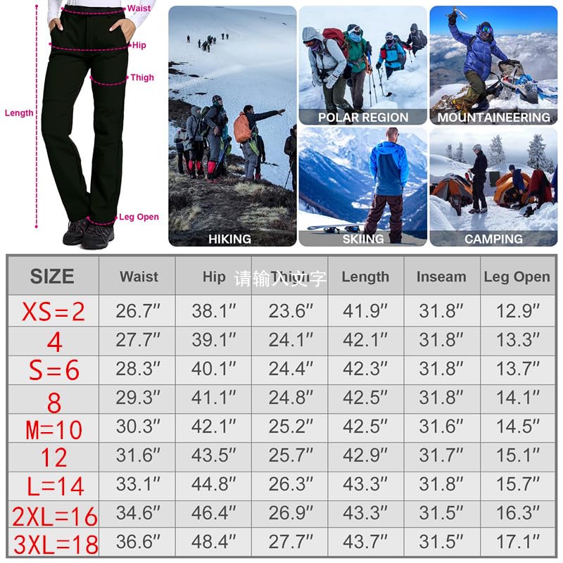 linlon Outdoor Women's Snow Ski Pants Soft Shell Fleece Lined Pants Water Resistant Camping Hiking Nylon Pants, Army Green 18