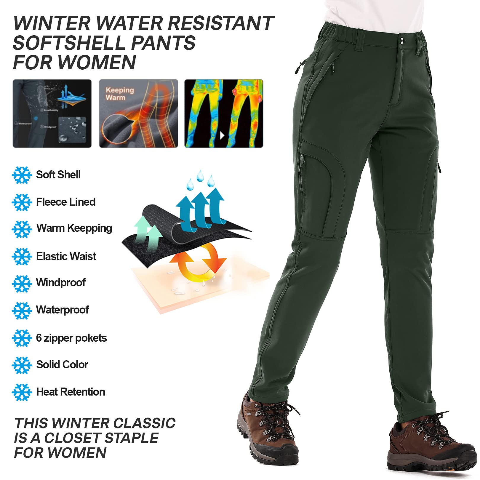 linlon Outdoor Women's Snow Ski Pants Soft Shell Fleece Lined Pants Water Resistant Camping Hiking Nylon Pants, Army Green 18