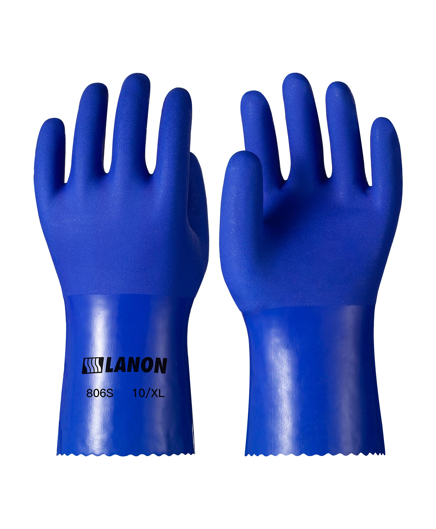 LANON 6 Pairs PVC Chemical Resistant Gloves, Heavy-Duty Rubber Gloves, Acid, Alkali and Oil Protection, Non-Slip, Blue, Large