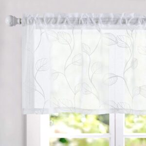 topick white sheer leaf curtain kitchen valance for windows leaf embroidered voile small curtain valance semi sheer farmhouse curtain 16 inch rod pocket 1 panel white