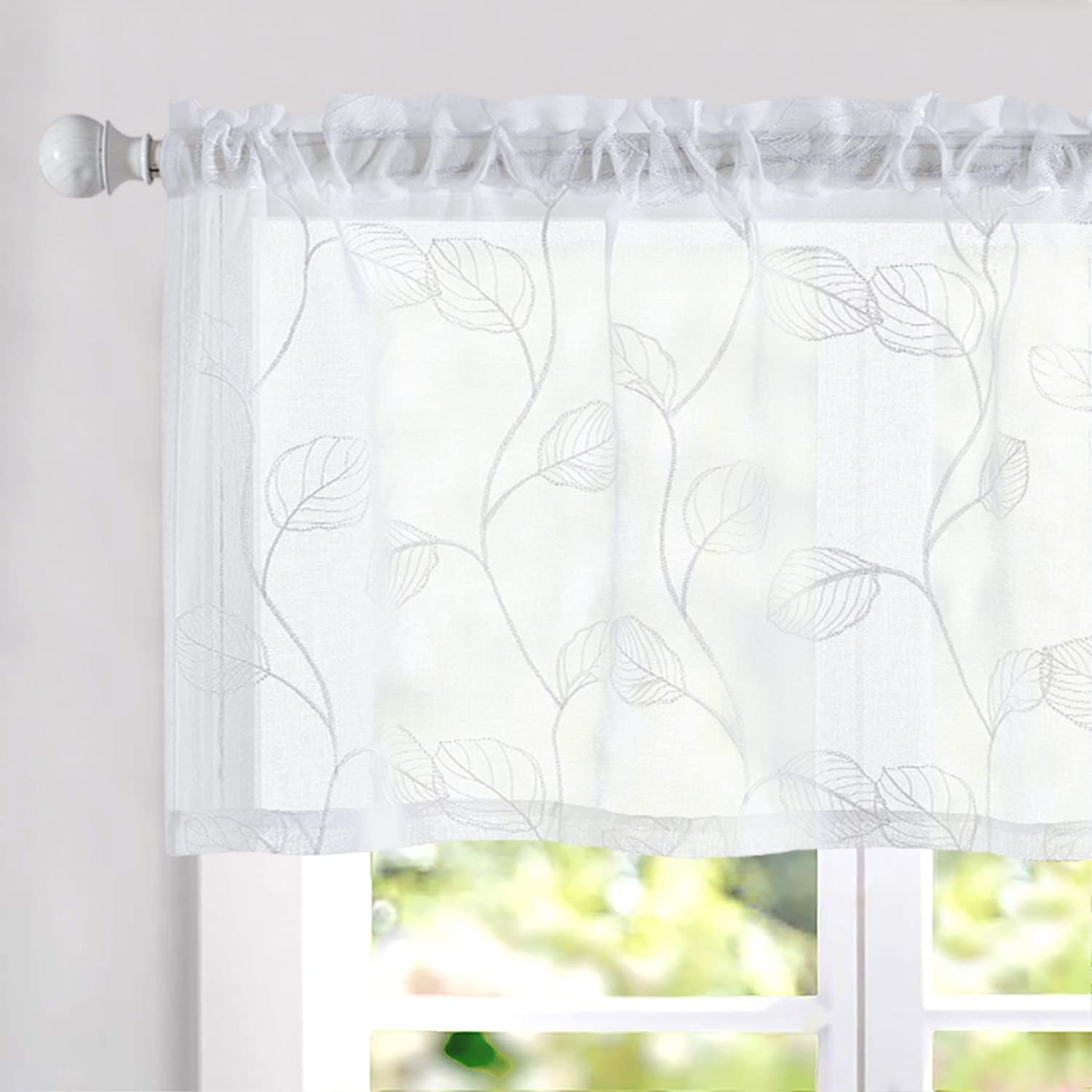 Topick White Sheer Leaf Curtain Kitchen Valance for Windows Leaf Embroidered Voile Small Curtain Valance Semi Sheer Farmhouse Curtain 16 Inch Rod Pocket 1 Panel White