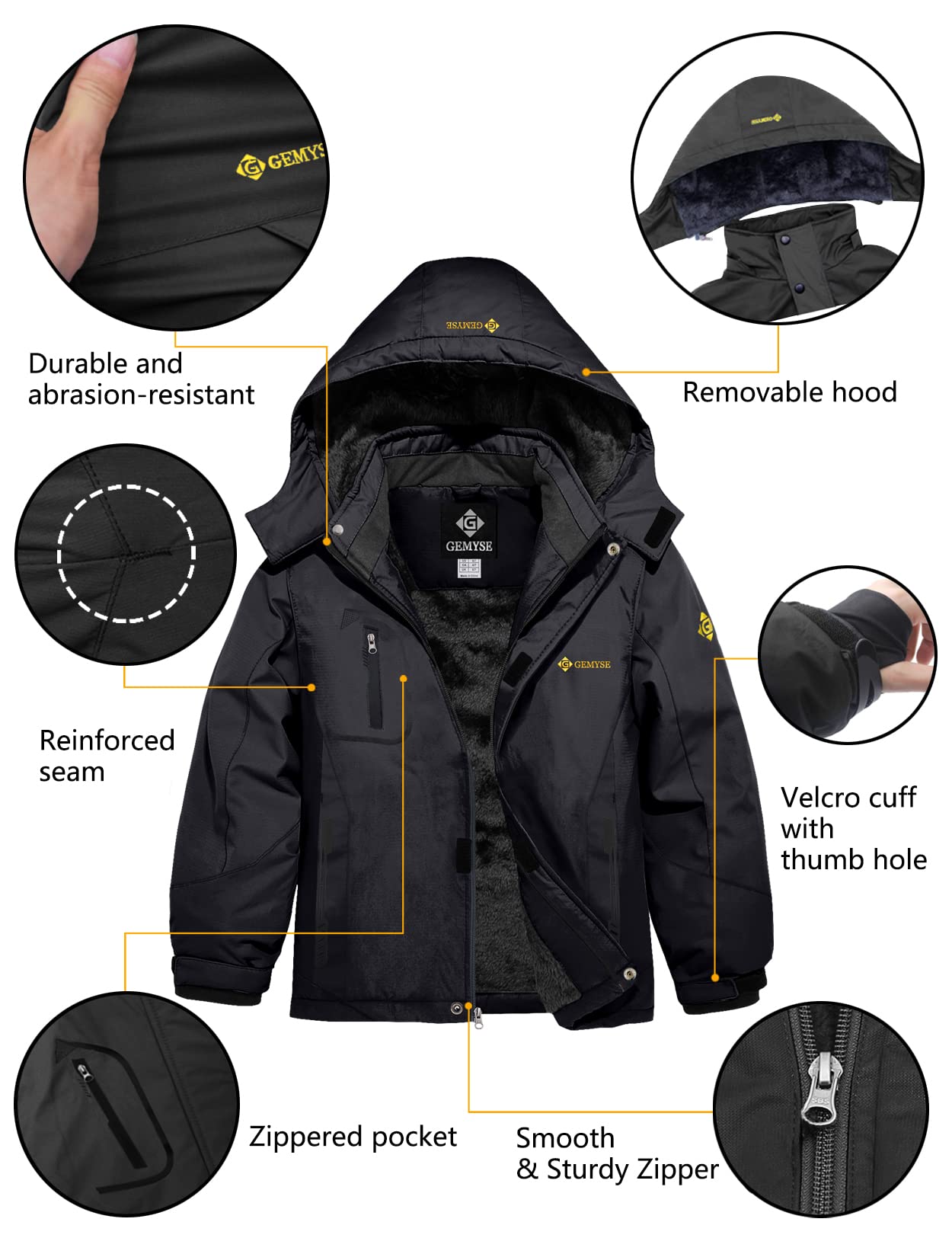 GEMYSE Boy's Waterproof Ski Snow Jacket Fleece Windproof Winter Jacket with Hood (Black,8)