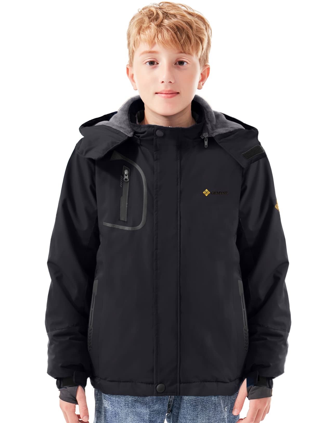 GEMYSE Boy's Waterproof Ski Snow Jacket Fleece Windproof Winter Jacket with Hood (Black,8)