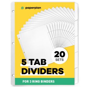 3 ring binder dividers with tabs - (20 sets) x 5 tab dividers for 3 ring binders - white - binder dividers with tabs - dividers for 3 ring binder - tab dividers - binder tabs // paper plan