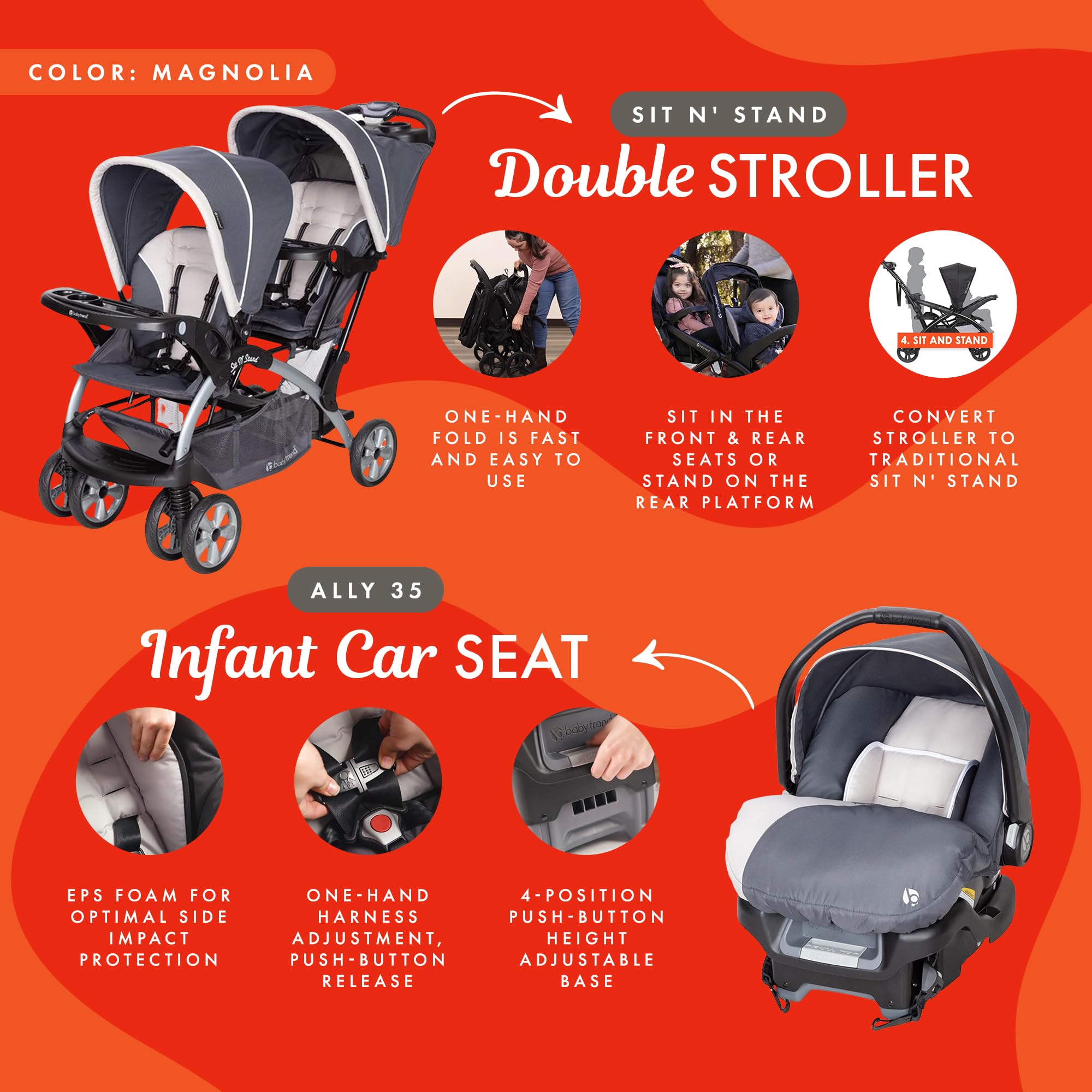 Baby Trend Sit N Stand Easy Fold Travel Double Baby Dual Stroller and Single Infant Car Seat Travel System with Safety Harnesses and Cover, Magnolia