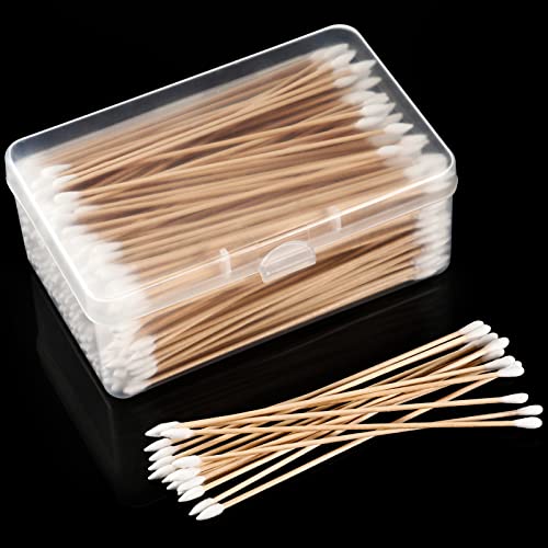 Norme 6 Inch Cotton Swabs in Storage Box 500 Pcs Long Cotton Swab Pointed and Round Tip with Wooden Handle Cleaning Swabs Buds for Makeup Gun Cleaning Pet Care