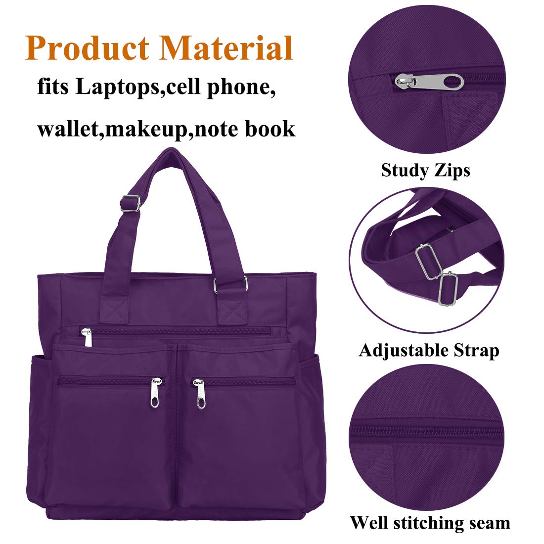 Canvas Tote Bag Waterproof Nylon Multi Pocket Shoulder Bags Laptop Work Bag Teacher Purse and Handbags for Women & Men (Purple-new)