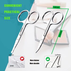 Facial Hair Small Grooming Scissors For Men Women - Eyebrow, Nose Hair, Mustache, Beard, Eyelashes, Ear Trimming Kit - Curved and Rounded Safety Tip Clippers For Hair Cutting - 2PCS Silver