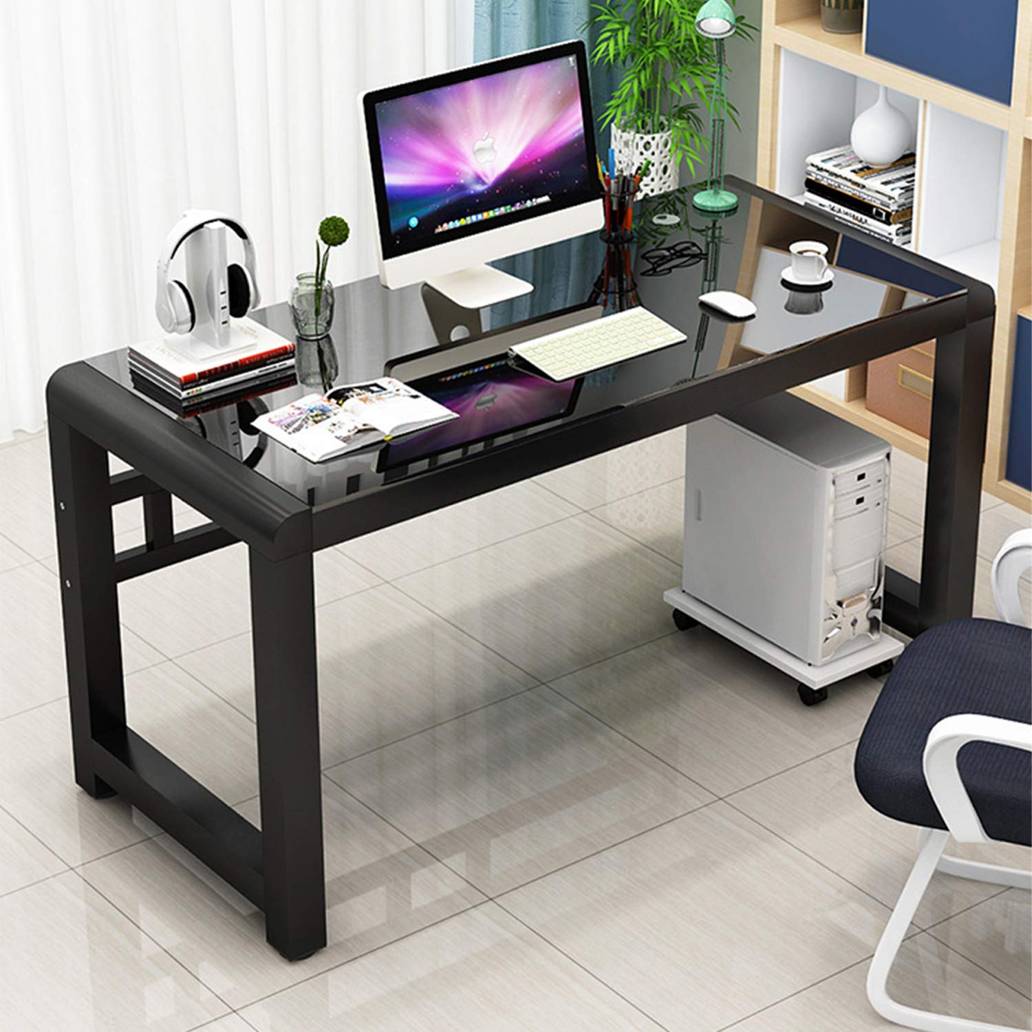 Jerry & Maggie - Tempered Glass Computer Desk Strength Sturdy Surface Laptop Desk Dinning Cocktail Table USB Accessory Attribute Professional Office Desk Modern Plain Legs Personal Workstation Black