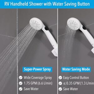 RV Shower Head with Hose and On Off Switch (Trickle), Water Saving and High Pressure Shower Head with Hose Guide Ring and Shower Holder for RV, Camper, Van, Travel Trailer, Motorhome and Boat, White