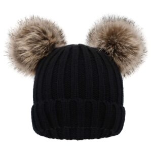 simplicity soft kids winter hat boys girls plush lined elastic toddler winter hat cuddly ball pom pom ears knit baby hat warm kids beanie hat, black