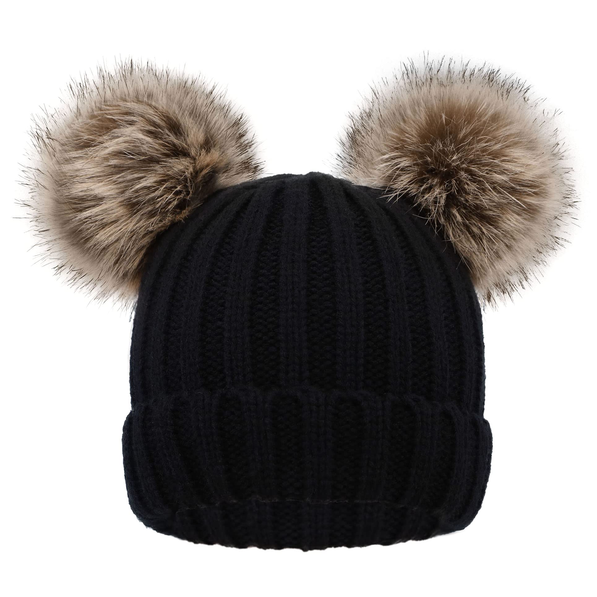 Simplicity Soft Kids Winter Hat Boys Girls Plush Lined Elastic Toddler Winter Hat Cuddly Ball Pom Pom Ears Knit Baby Hat Warm Kids Beanie Hat, Black