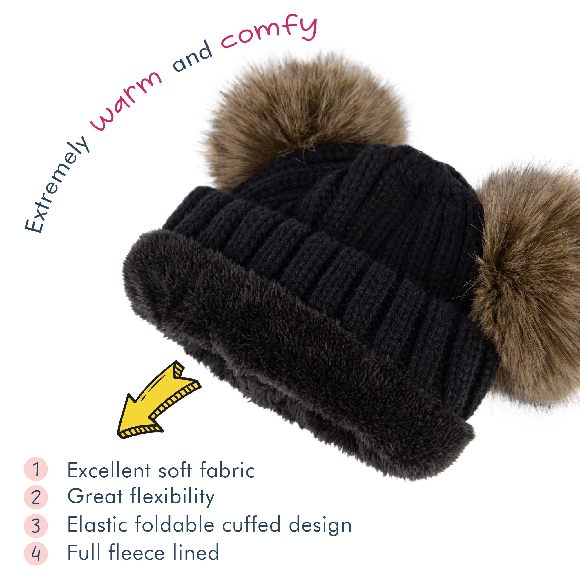 Simplicity Soft Kids Winter Hat Boys Girls Plush Lined Elastic Toddler Winter Hat Cuddly Ball Pom Pom Ears Knit Baby Hat Warm Kids Beanie Hat, Black